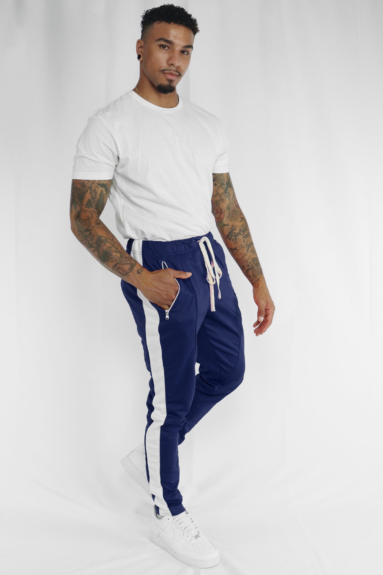Premium Side Stripe Zip Pocket Track Pants (Navy-White) – Zamage