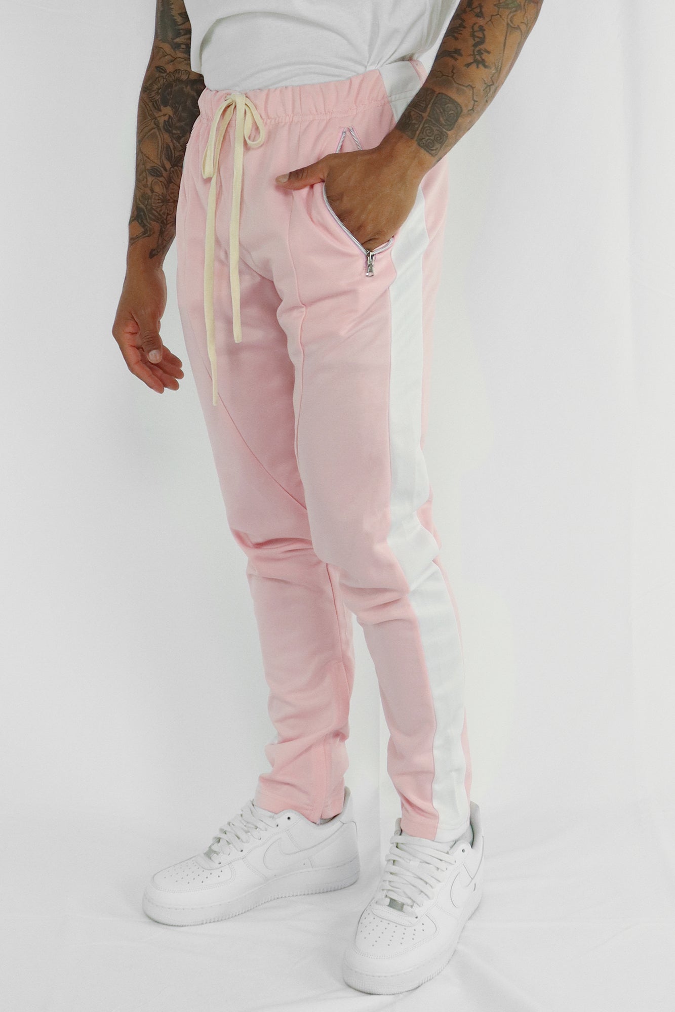 Premium Side Stripe Zip Pocket Track Pants (Pink - White) – Zamage